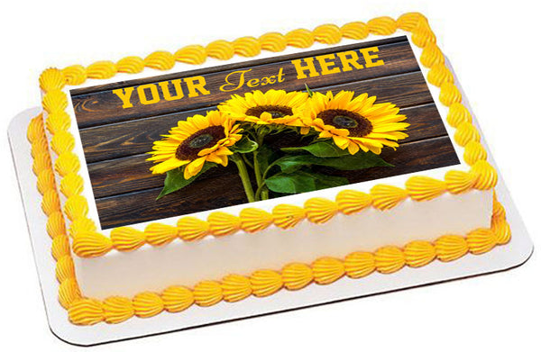 Yellow Sunflower Bouquet on Wooden Rustic - Edible Cake Topper, Cupcak ...