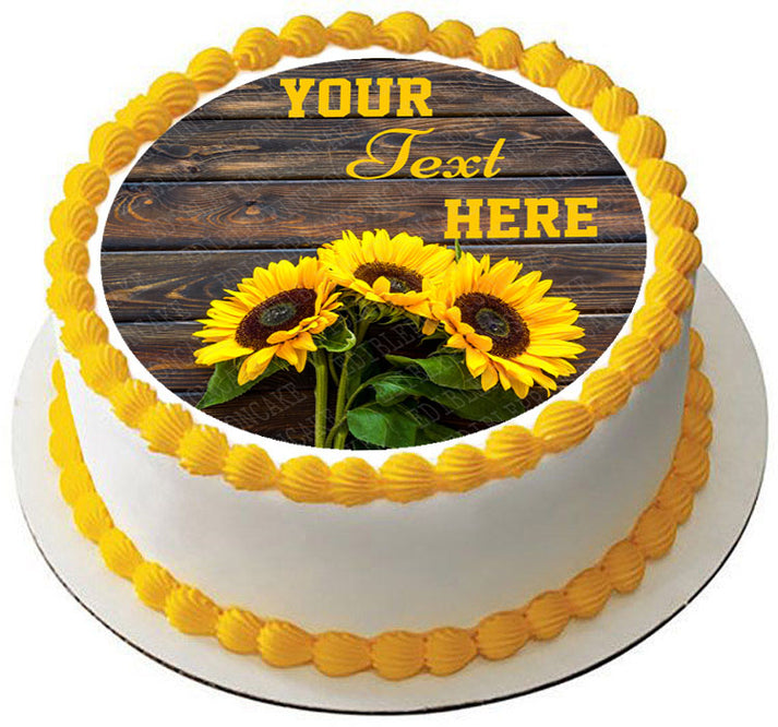 Yellow Sunflower Bouquet on Wooden Rustic - Edible Cake Topper, Cupcak ...