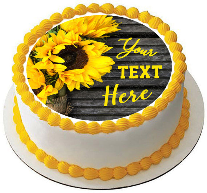 Yellow Sunflower Bouquet on Wooden Rustic (Nr2) - Edible Cake Topper ...